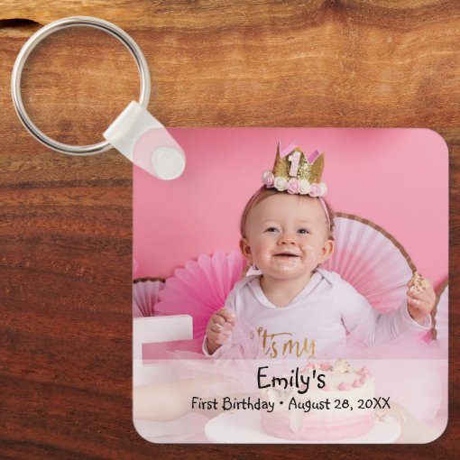 Custom photo and nameBaby girl's first birthday Keychain | Zazzle