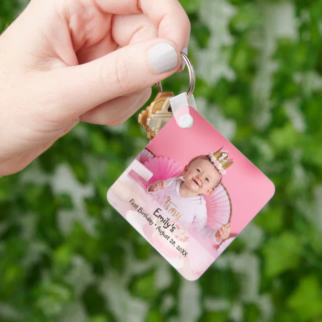 Custom photo and nameBaby girl's first birthday Keychain | Zazzle