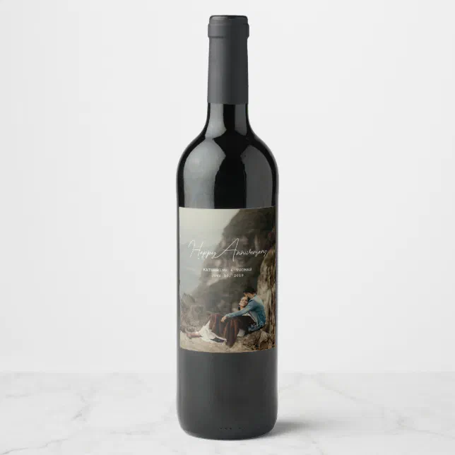 Custom photo anniversary minimalist retro wedding wine label | Zazzle
