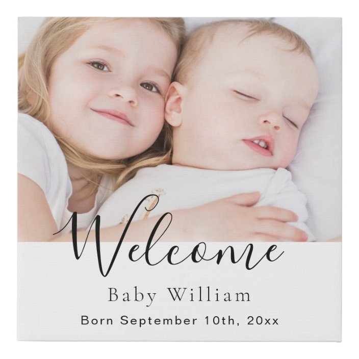 Custom photo baby newborn welcome name faux canvas print | Zazzle.com