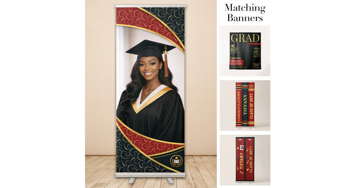 Custom Photo Banner, Red Black Elegant Graduation Retractable Banner ...