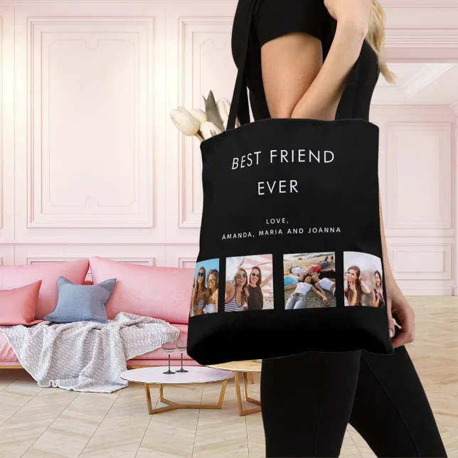 Custom photo best friend collage black white tote bag | Zazzle