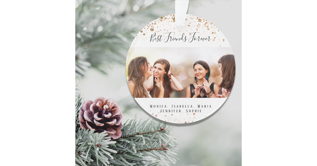 Custom photo best friends forever gold glitter ornament | Zazzle