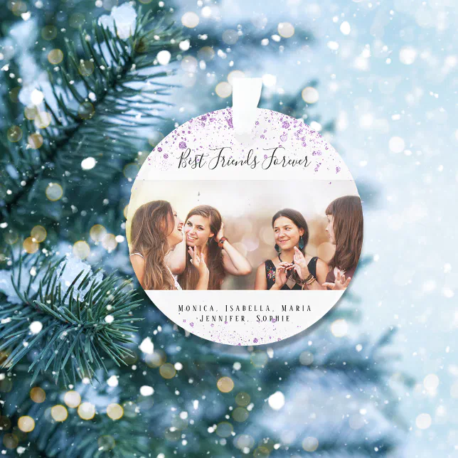 Custom photo best friends forever purple glitter ornament | Zazzle