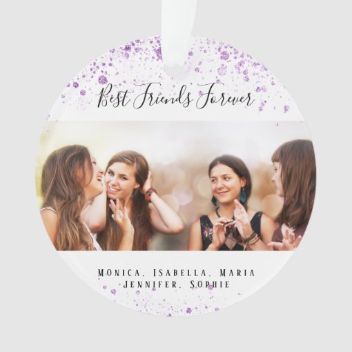 Custom photo best friends forever purple glitter ornament | Zazzle