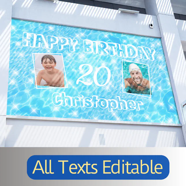 Custom Photo Birthday Pool Party Blue Water Ripple Banner | Zazzle