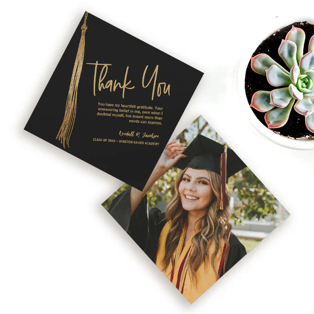 Custom Photo Black Gold Tassel Unique Graduation Thank You Card | Zazzle