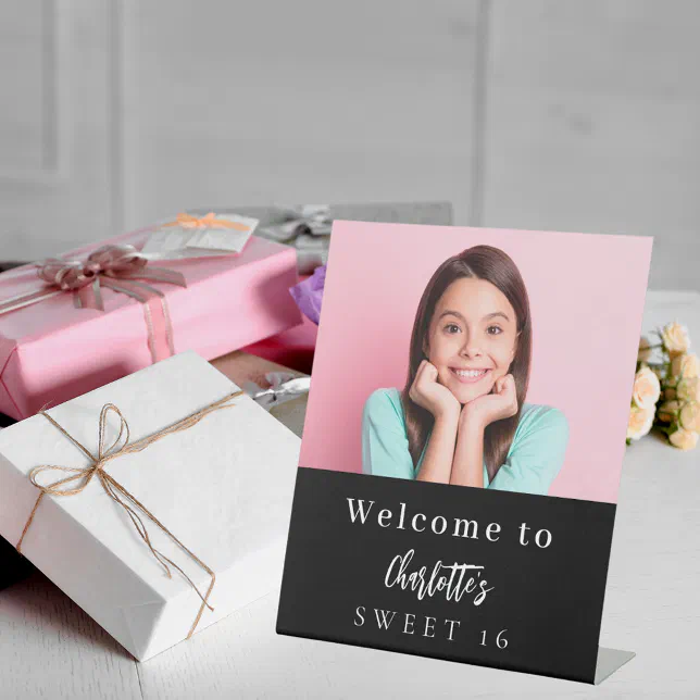Custom photo black white Sweet 16 party welcome Pedestal Sign | Zazzle