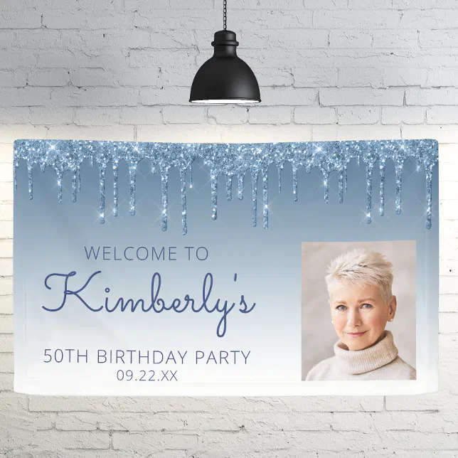 Custom Photo Blue Glitter Drip 50th Birthday Banner | Zazzle
