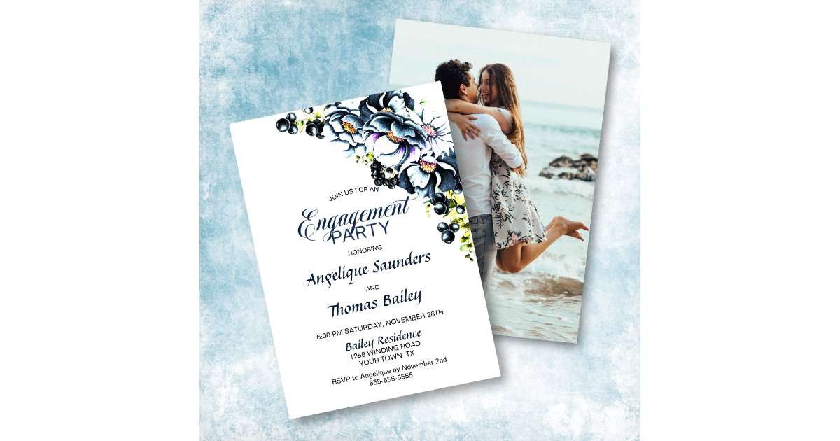 Custom Photo Blue Grey Floral Engagement Party Invitation | Zazzle