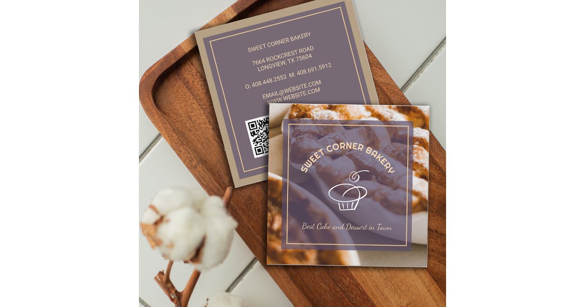 Custom Photo Cake Bakery Logo QR Code Square Business Card | Zazzle
