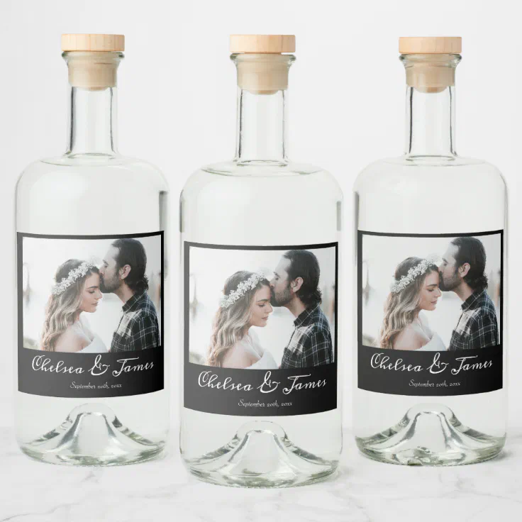 Custom Photo Calligraphy Black Wedding Engagement Liquor Bottle Label ...