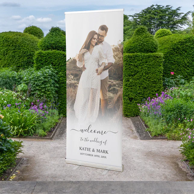 Custom Photo Calligraphy Script Wedding Welcome Retractable Banner | Zazzle