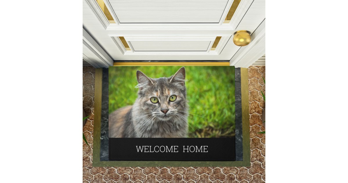 Custom Photo cat kitty welcome home black Doormat | Zazzle