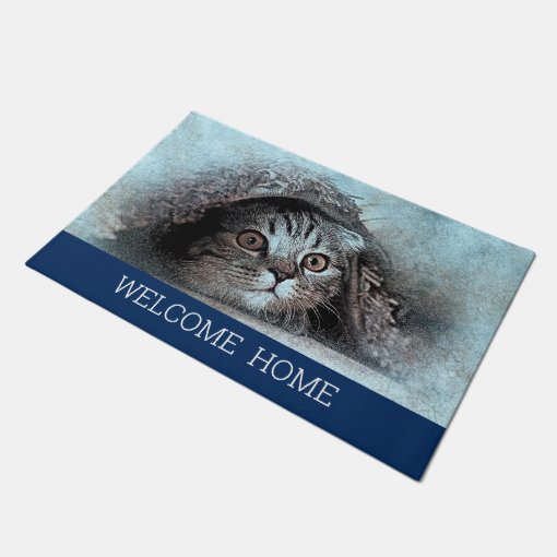Custom Photo cat kitty welcome home navy blue Doormat | Zazzle