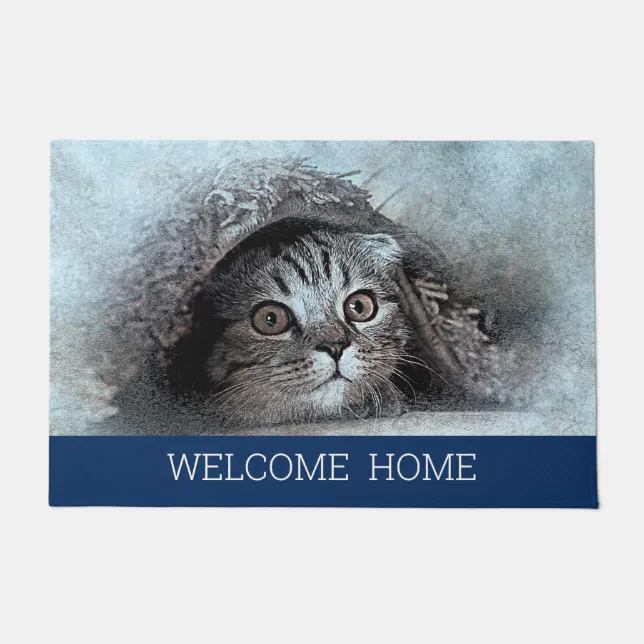 Custom Photo cat kitty welcome home navy blue Doormat | Zazzle