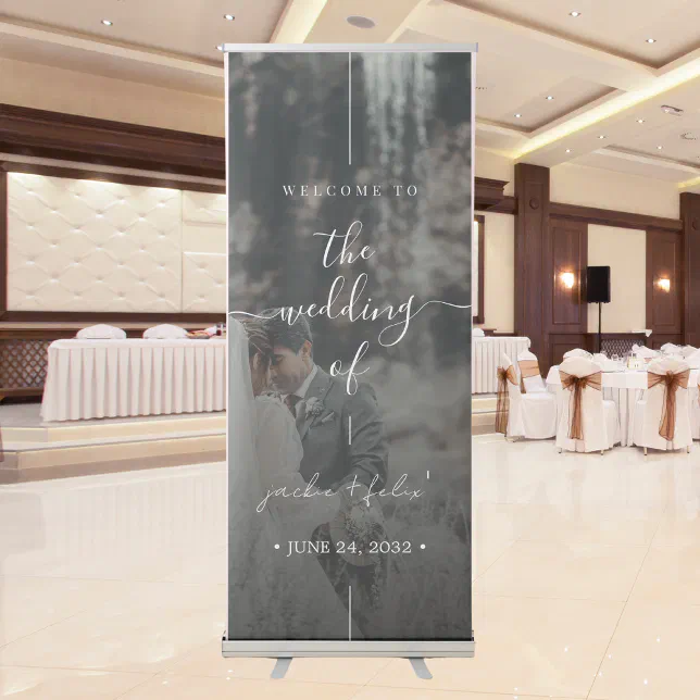 Custom Photo Chic Calligraphy Wedding Welcome Retractable Banner | Zazzle