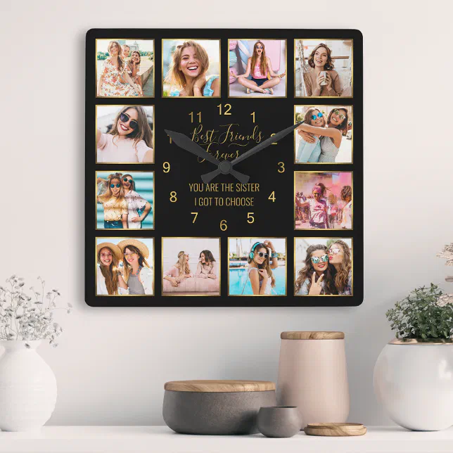 Custom Photo Collage Best Friends Forever Quote Square Wall Clock | Zazzle
