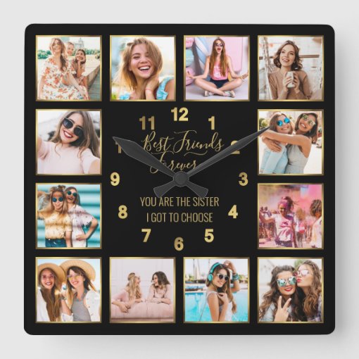 Custom Photo Collage Best Friends Forever Quote Square Wall Clock | Zazzle