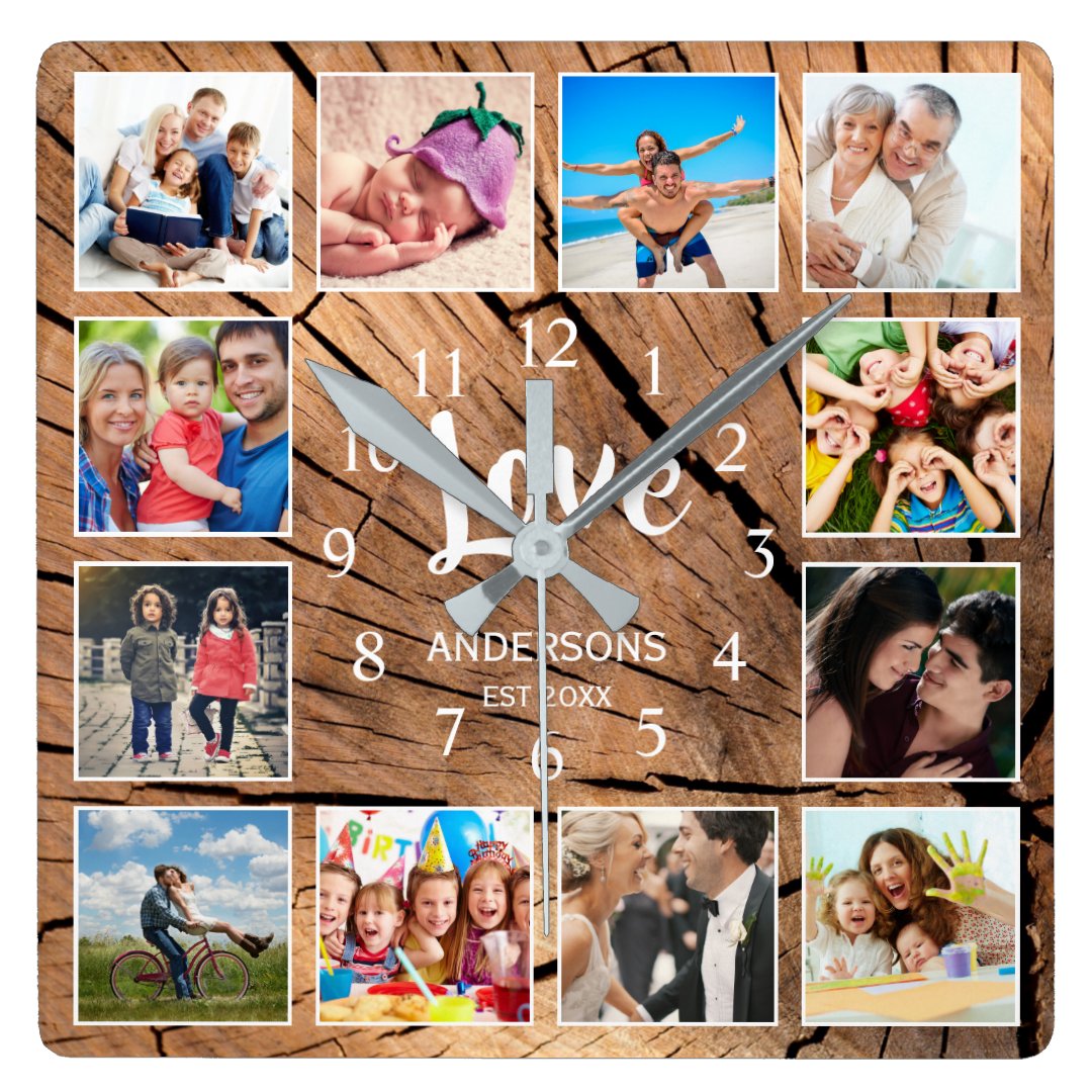 Custom Photo Collage Family Love Wood Log Square Wall Clock | Zazzle