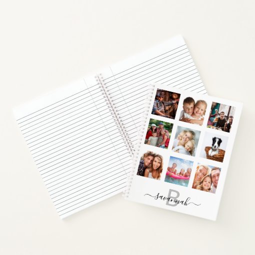 Custom photo collage monogram white modern diary notebook | Zazzle