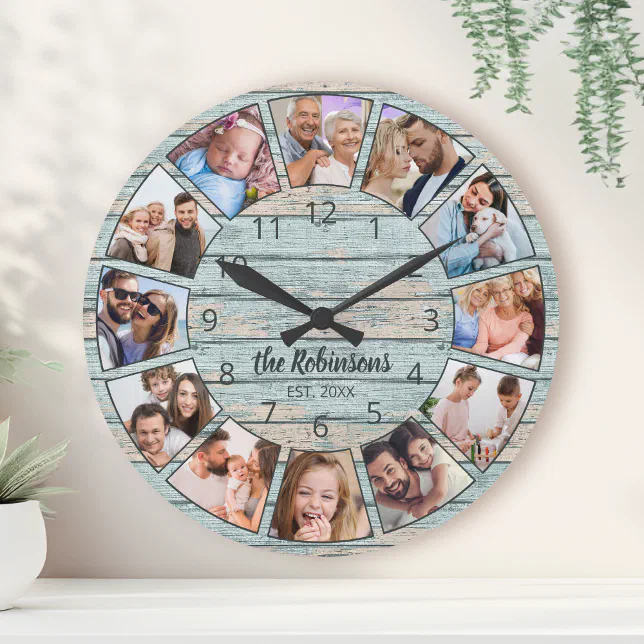 Custom Photo Collage Natural Wood Family Name Round Clock | Zazzle