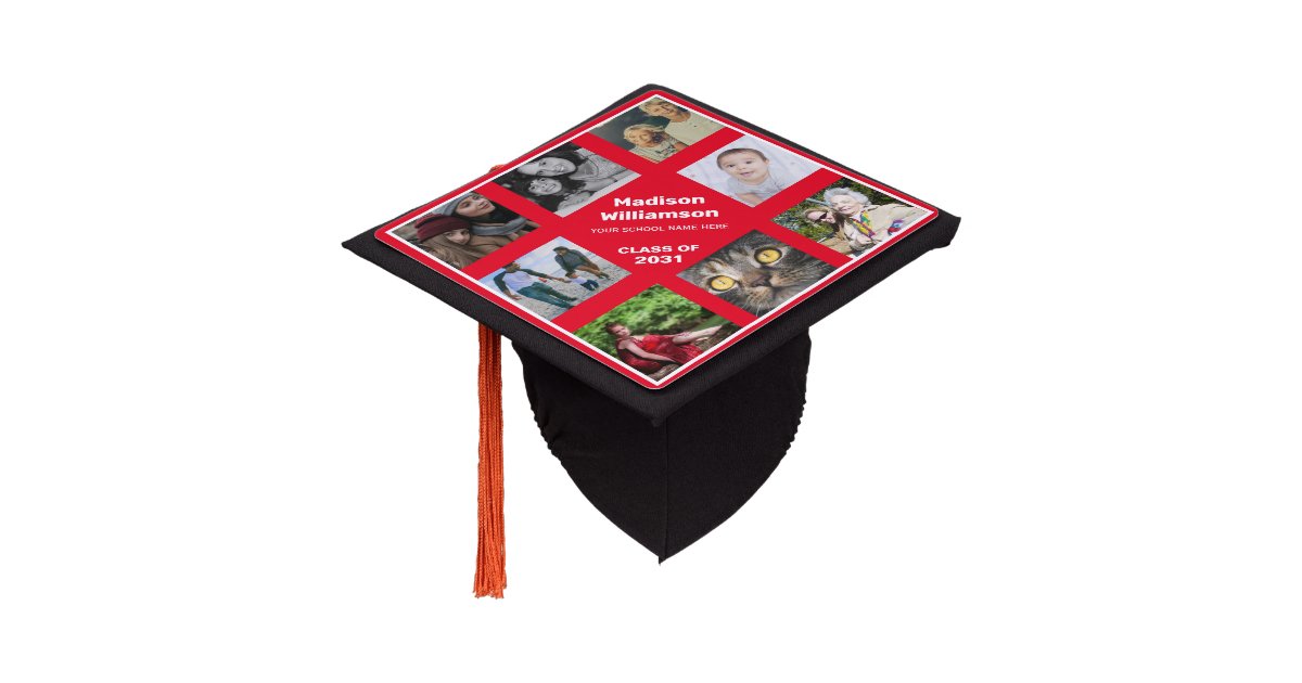 Custom Photo Collage Personalized Name Red White Graduation Cap Topper ...
