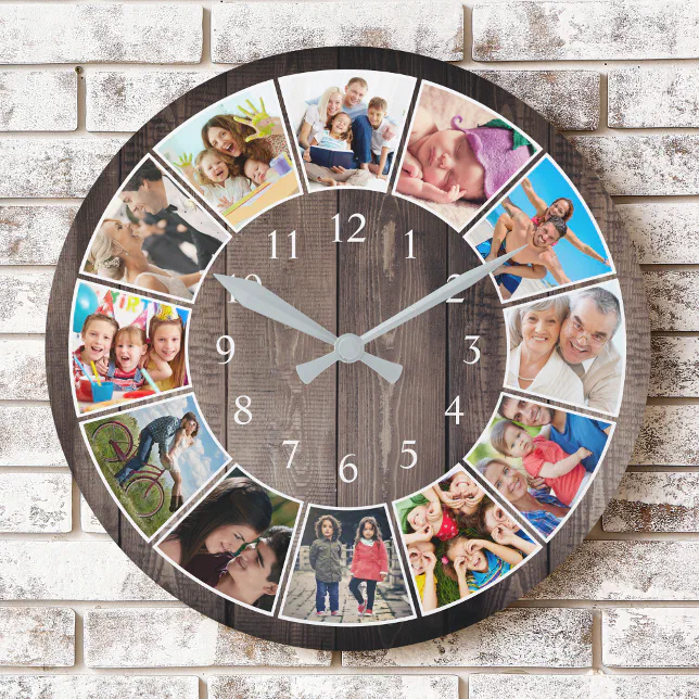 Custom Photo Collage Rustic Farmhouse Family Round Clock | Zazzle