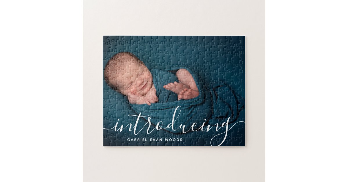 Custom Photo Collage Script Overlay Baby Birth Ann Jigsaw Puzzle | Zazzle