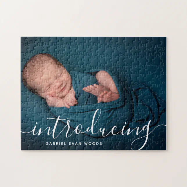 Custom Photo Collage Script Overlay Baby Birth Ann Jigsaw Puzzle | Zazzle