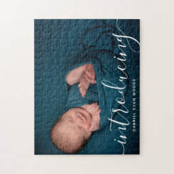 Custom Photo Collage Script Overlay Baby Birth Ann Jigsaw Puzzle | Zazzle