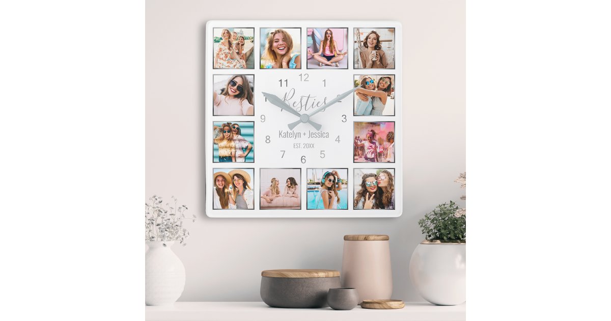 Custom Photo Collage White Silver Best Friends Square Wall Clock | Zazzle