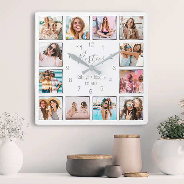 Custom Photo Collage White Silver Best Friends Square Wall Clock | Zazzle