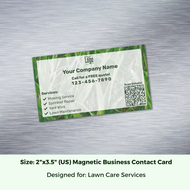 Custom Photo CTA QR Code Green White Lawn Care Business Card Magnet ...