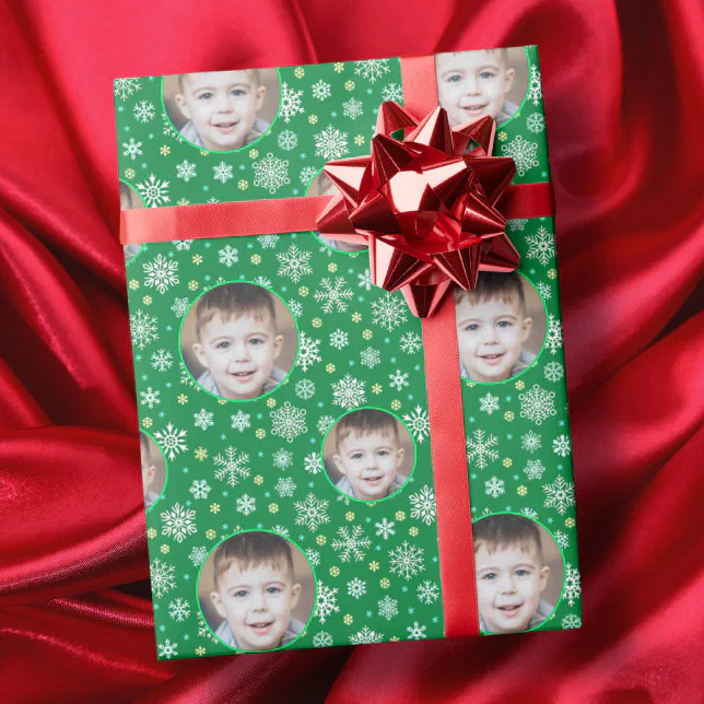 Custom Photo Custom Logo Snowflake Green Festive Wrapping Paper | Zazzle