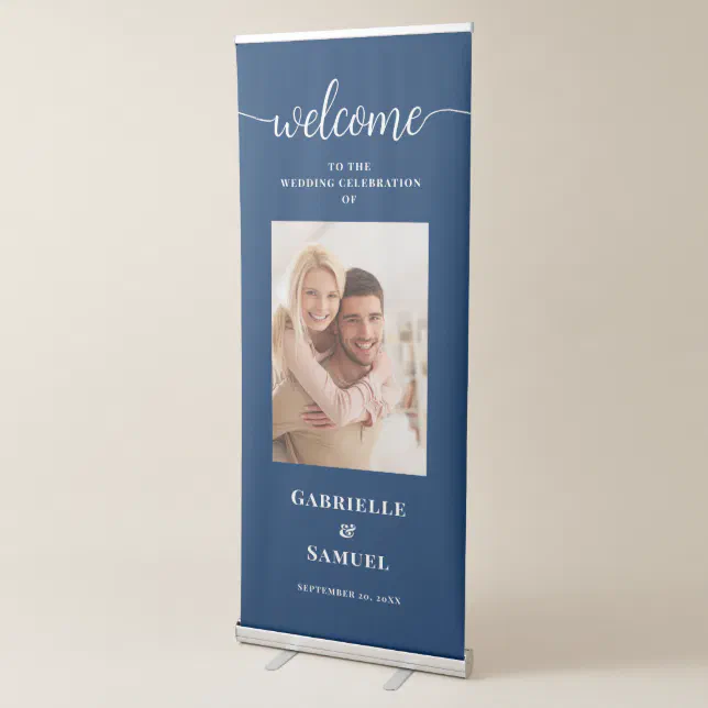 Custom Photo Dark Blue Simple Wedding Welcome Retractable Banner | Zazzle