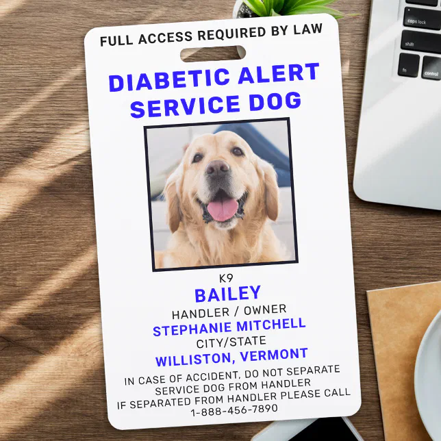 Custom Photo Diabetic Alert Service Dog ID Badge | Zazzle
