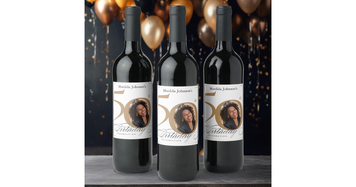 Custom Photo Elegant Gold 50th Birthday Party Wine Label | Zazzle