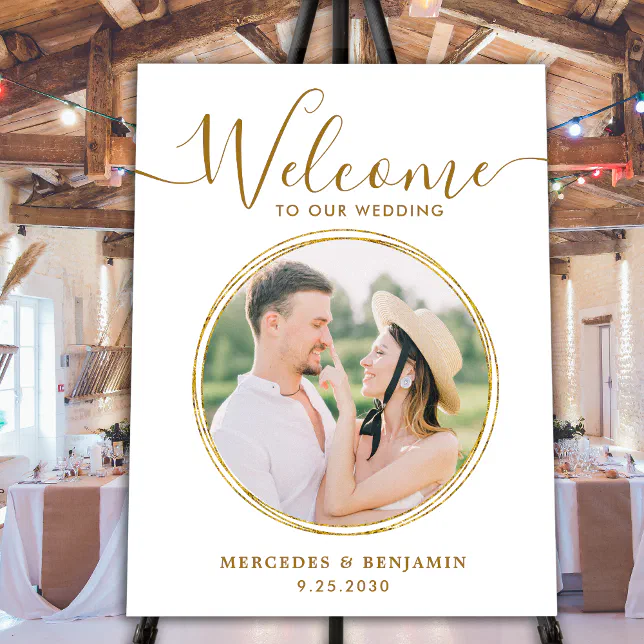 Custom Photo Elegant Gold Modern Wedding Welcome Foam Board | Zazzle