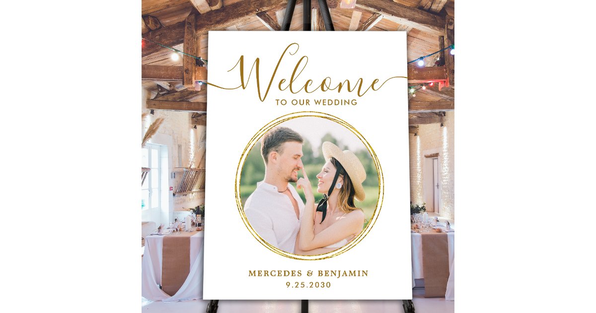 Custom Photo Elegant Gold Modern Wedding Welcome Foam Board | Zazzle