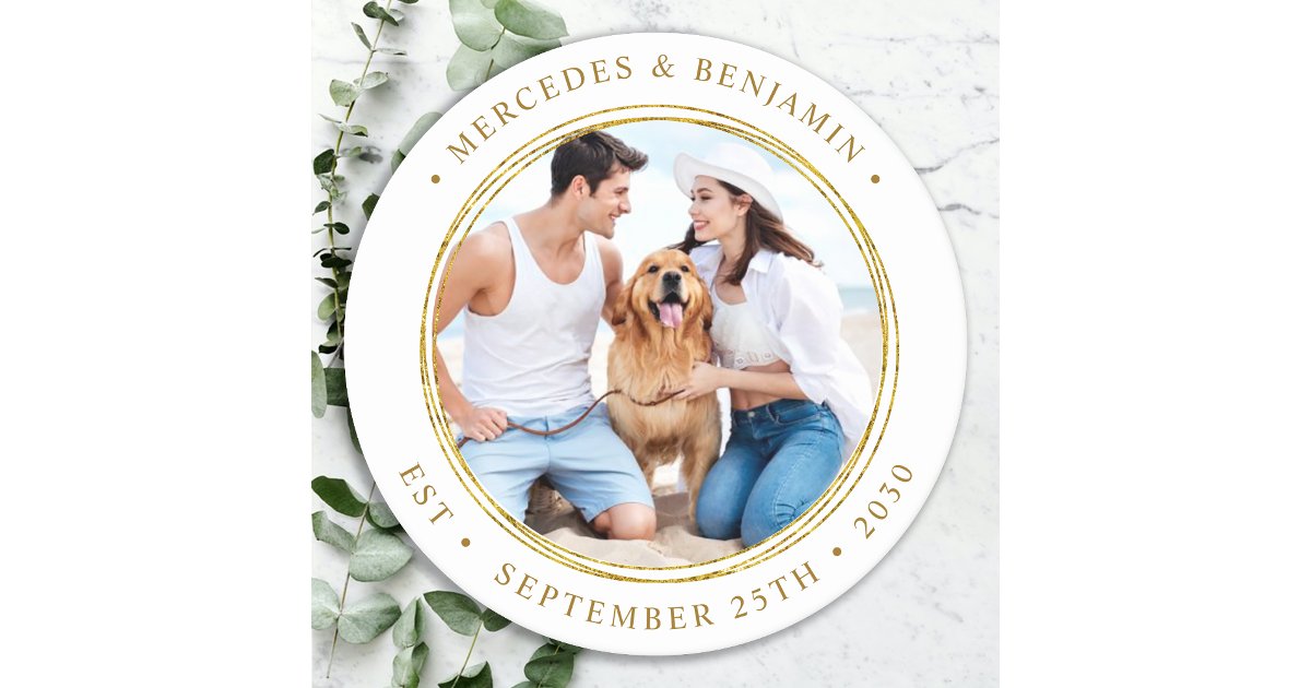 Custom Photo Elegant Gold Personalized Wedding Round Paper Coaster | Zazzle