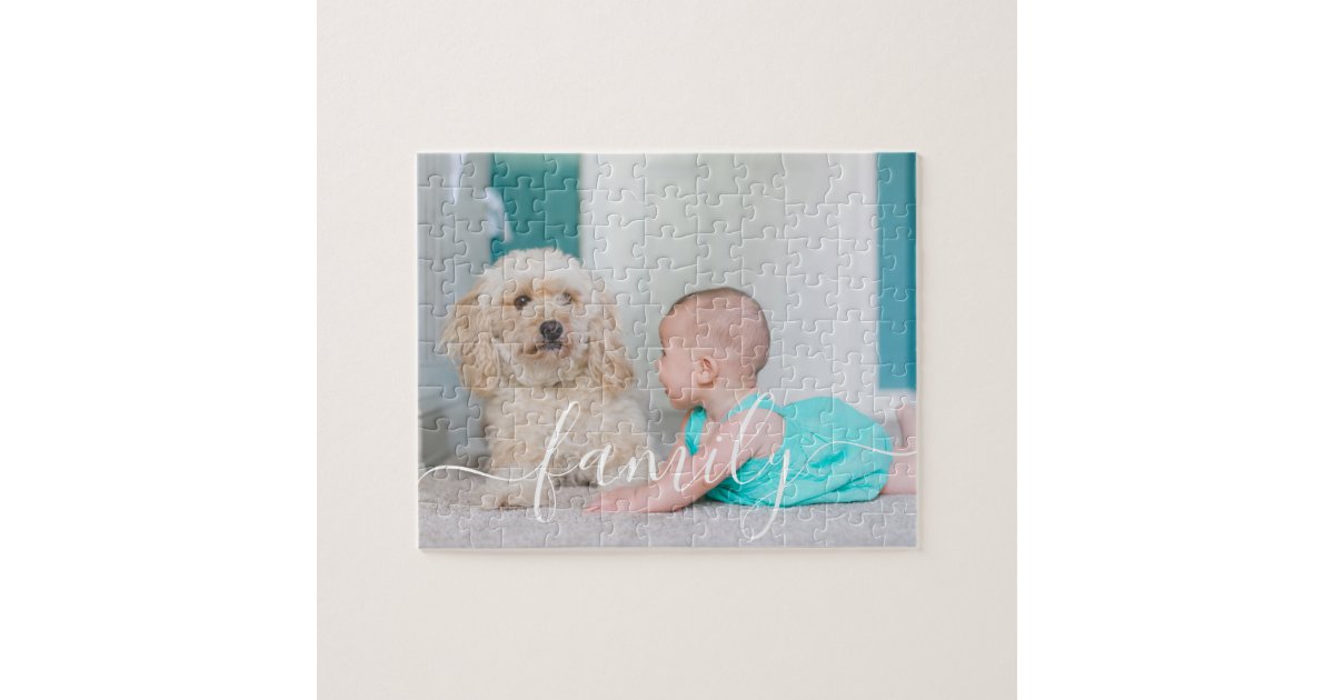 Custom Photo Elegant Hand Lettered Family Script Jigsaw Puzzle | Zazzle