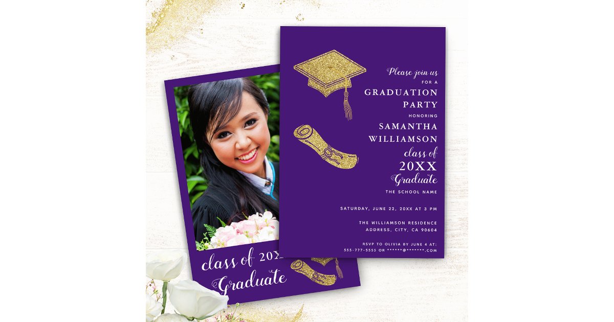 Custom Photo Elegant Purple Graduation Party Invitation | Zazzle