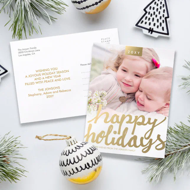Custom Photo Faux Gold Cute Handwritten Modern Holiday Postcard | Zazzle