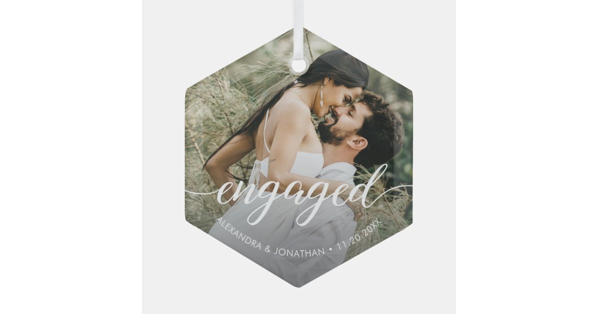 Custom Photo First Christmas Engaged White Script Glass Ornament | Zazzle