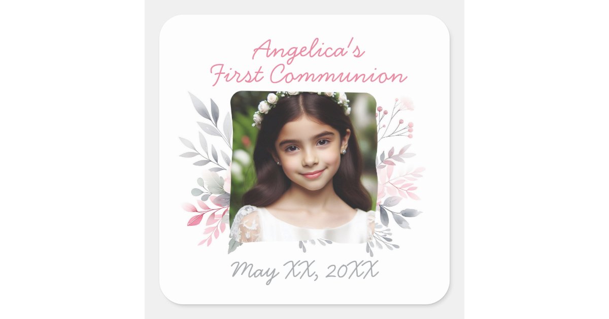 Custom Photo Floral First Communion Square Sticker | Zazzle