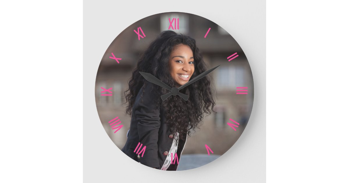 Custom Photo Fuchsia Pink Roman Numerals Large Clock | Zazzle