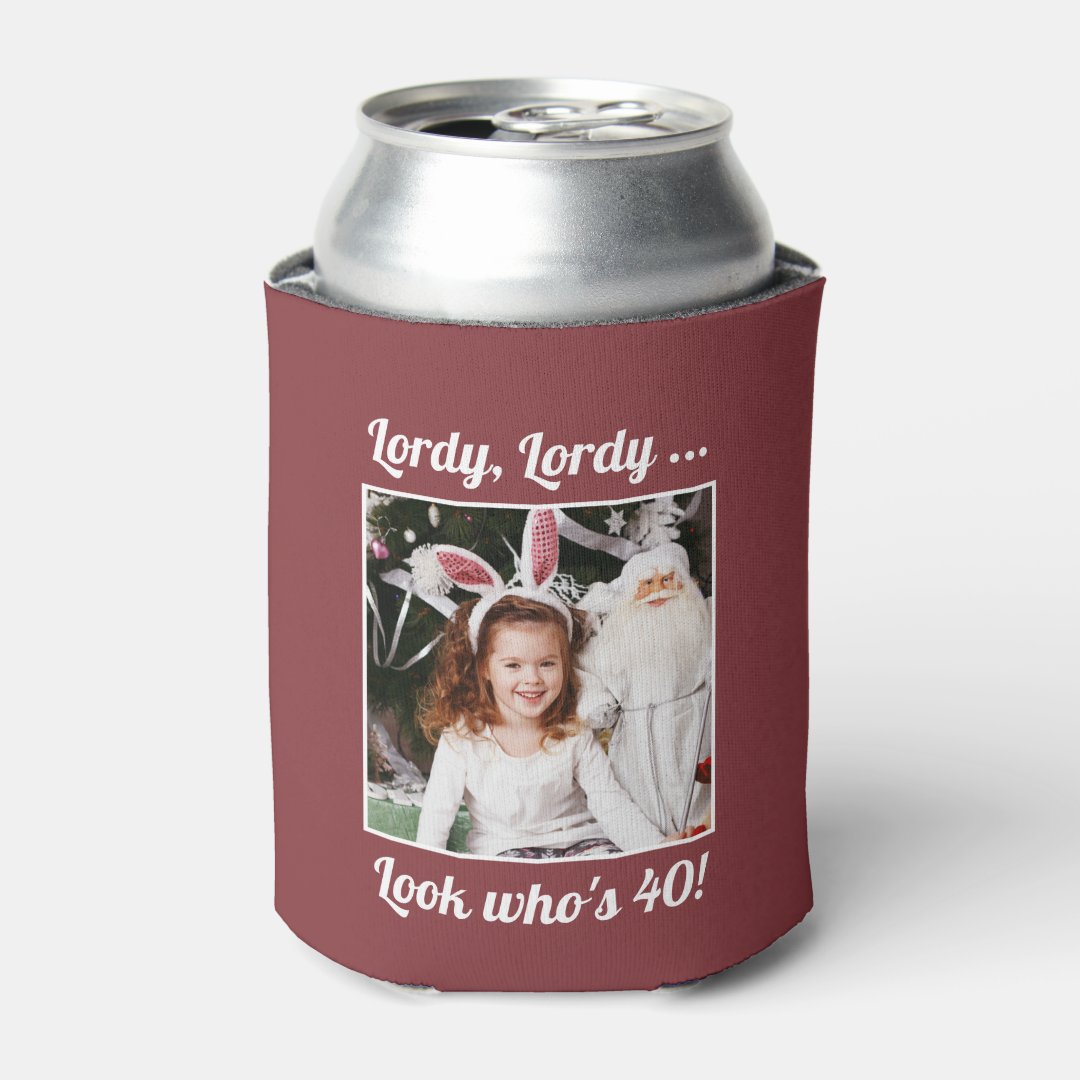 Custom Photo Fun Cool 40th Birthday Red Maroon Can Cooler | Zazzle