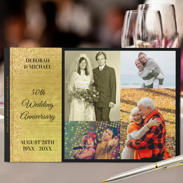 Custom Photo Gold 50th Wedding Anniversary Guest Book | Zazzle