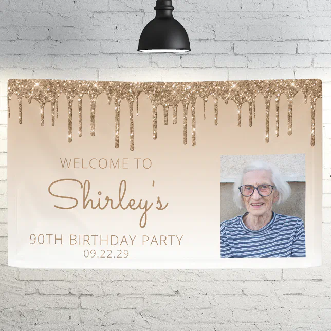 Custom Photo Gold Glitter Drip 90th Birthday Party Banner | Zazzle